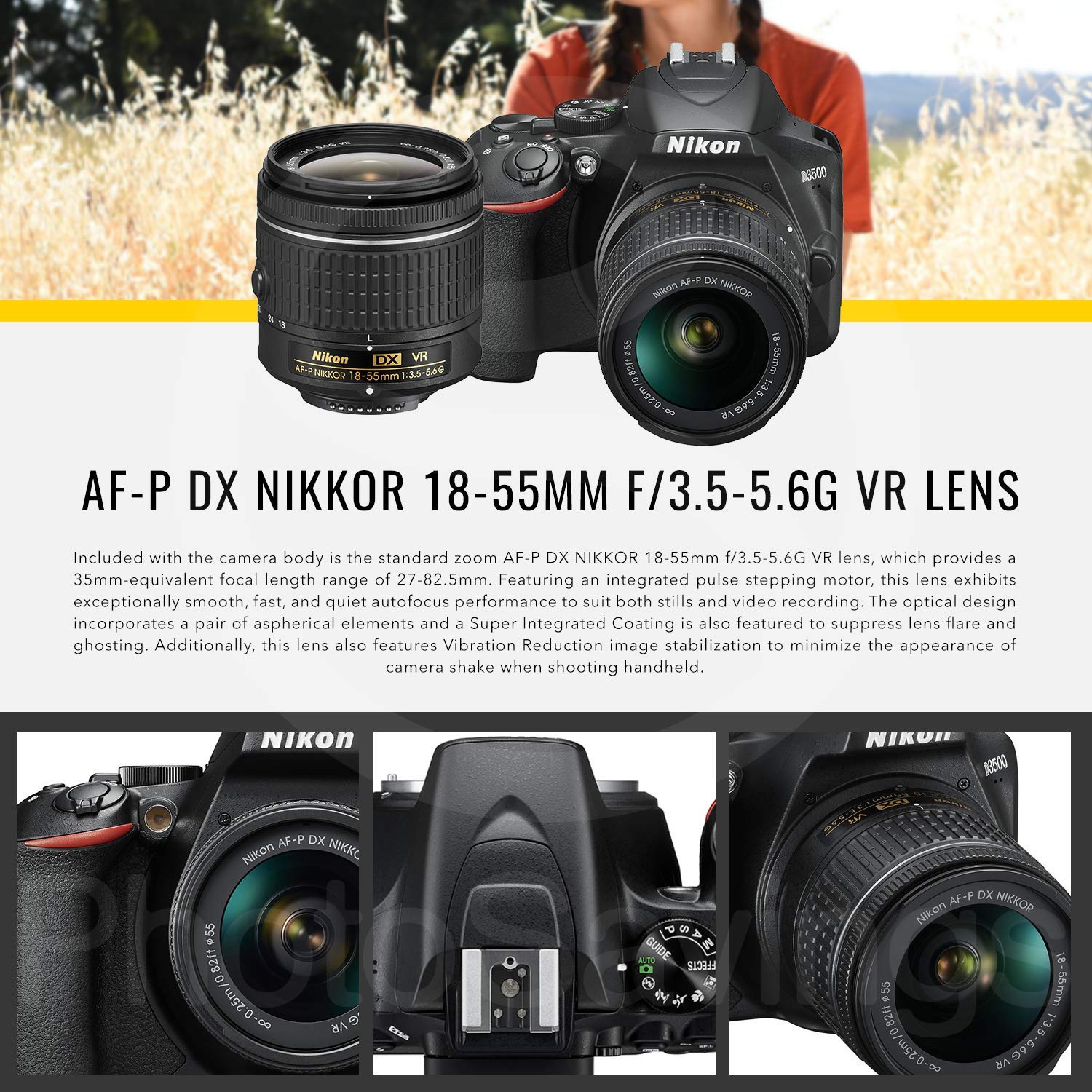 Nikon D3500 DSLR Camera with AF-P DX NIKKOR 18-55mm f/3.5-5.6G VR Lens + 32GB Card, Flash, Tripod, and Bundle