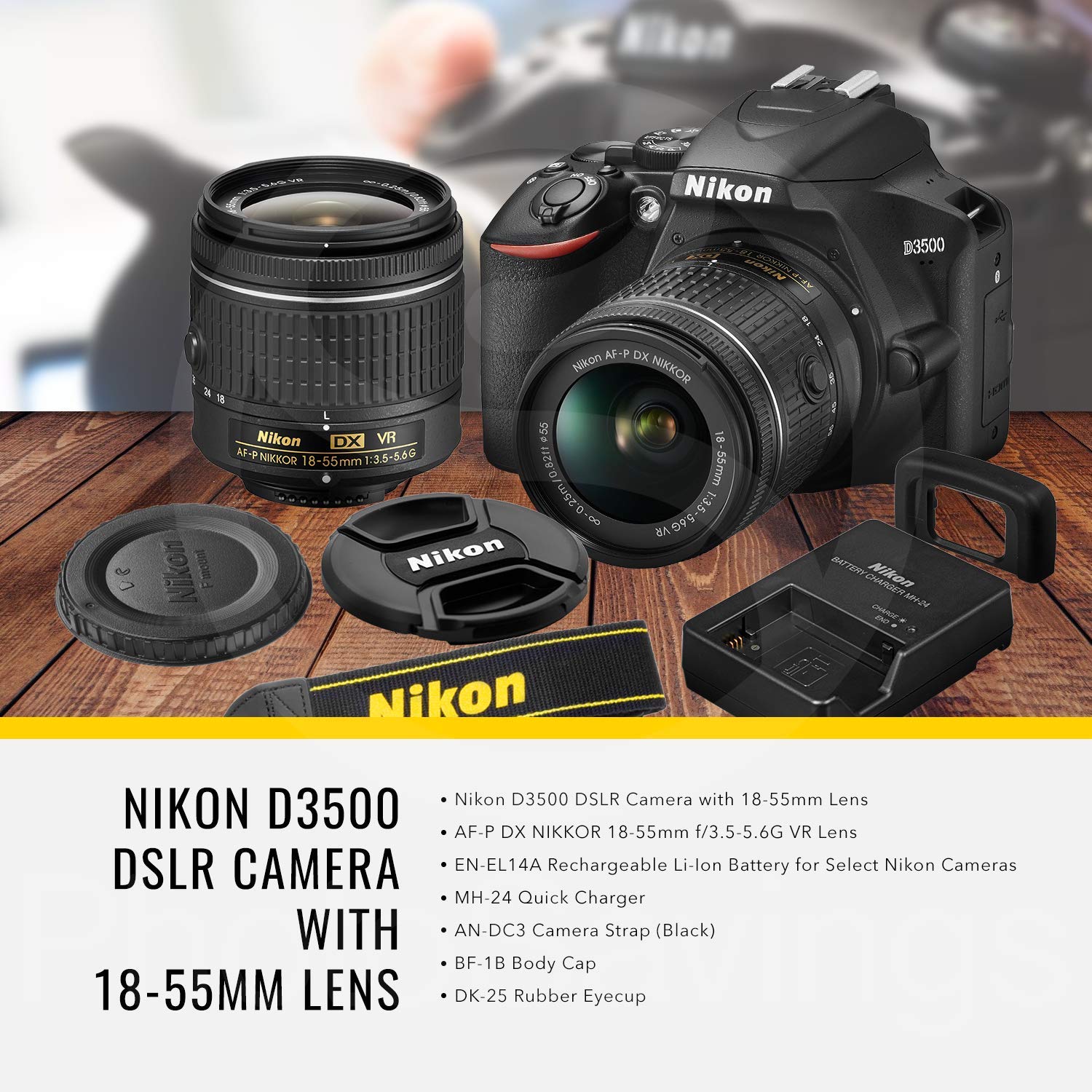 Nikon D3500 DSLR Camera with AF-P DX NIKKOR 18-55mm f/3.5-5.6G VR Lens + 32GB Card, Flash, Tripod, and Bundle