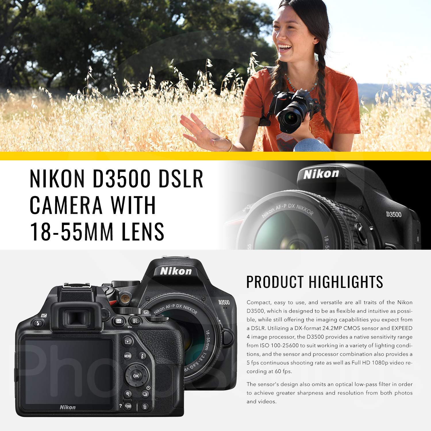 Nikon D3500 DSLR Camera with AF-P DX NIKKOR 18-55mm f/3.5-5.6G VR Lens + 32GB Card, Flash, Tripod, and Bundle