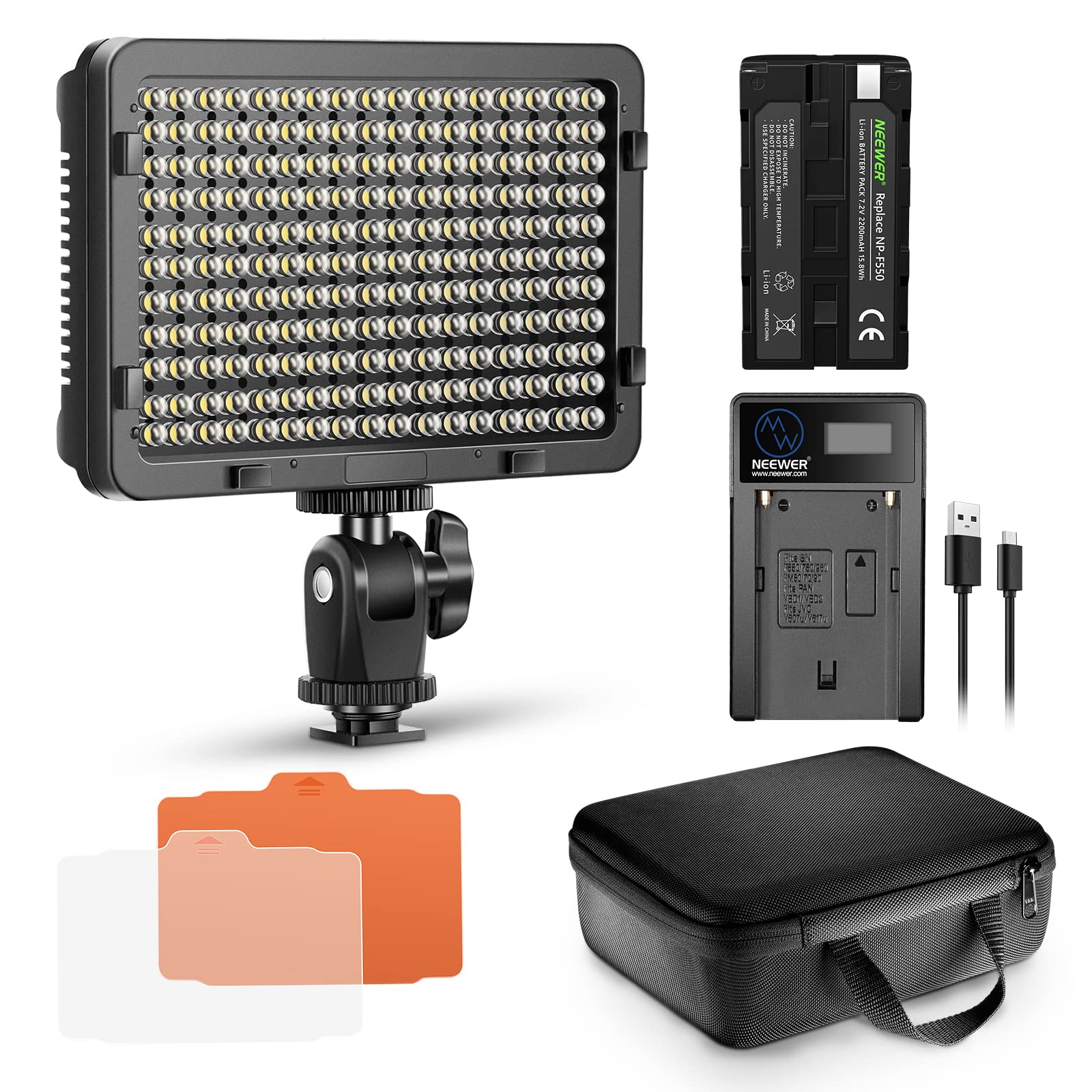 Neewer 176 LED Video Light Lighting Kit: Dimmable 176 LED Panel, with 2200mAh Li-ion Battery, USB Battery Charger and Carrying Case for Product and Portrait Photography