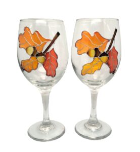 oak leaves acorns hand painted wine glasses set of 2 fall decor