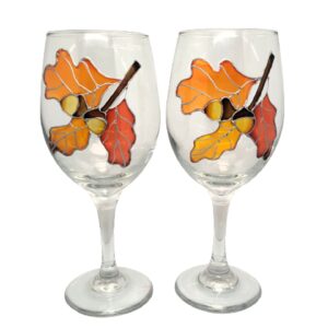 Oak Leaves Acorns Hand Painted Wine Glasses Set of 2 Fall Decor