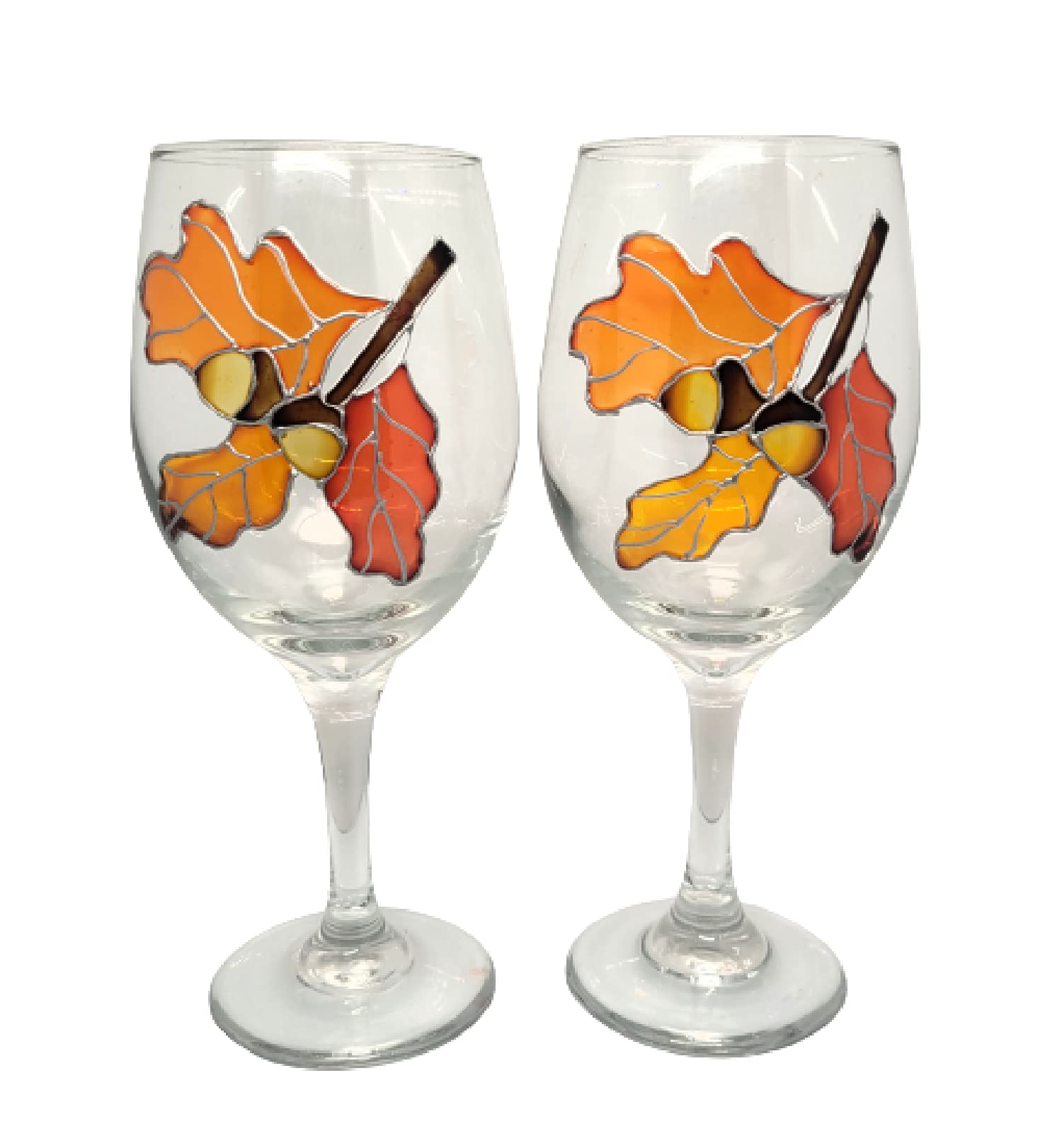 Oak Leaves Acorns Hand Painted Wine Glasses Set of 2 Fall Decor