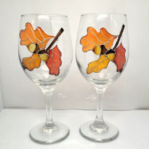 Oak Leaves Acorns Hand Painted Wine Glasses Set of 2 Fall Decor