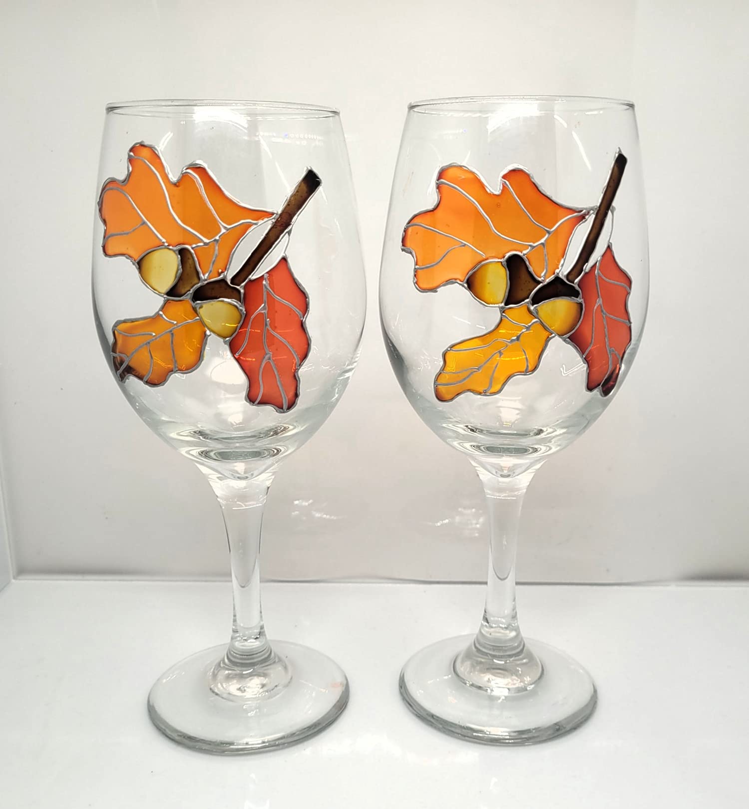 Oak Leaves Acorns Hand Painted Wine Glasses Set of 2 Fall Decor