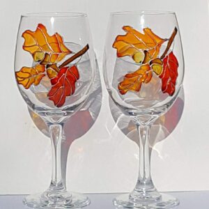 Oak Leaves Acorns Hand Painted Wine Glasses Set of 2 Fall Decor