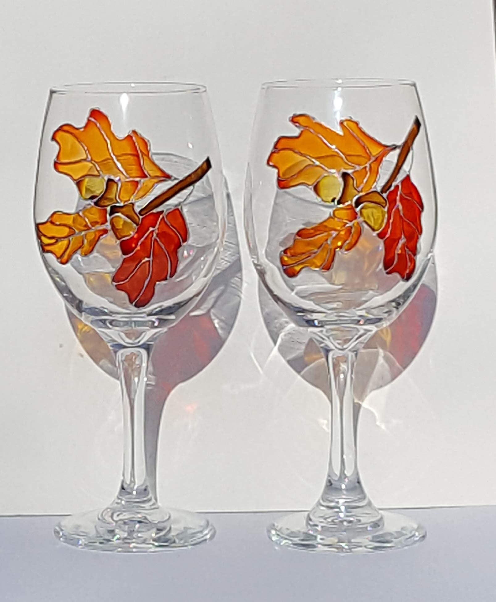 Oak Leaves Acorns Hand Painted Wine Glasses Set of 2 Fall Decor