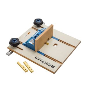 rockler wood router table box joint jig – miter box with comfortable ergonomic knobs – router jig includes solid brass indexing keys of three finger widths (1/4'', 3/8'', 1/2'')- table saw accessories