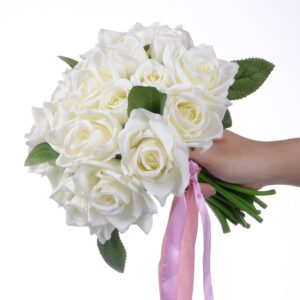 Artiflr Artificial Flowers Rose Bouquet 2 Pack Fake Flowers Silk Plastic Artificial White Roses 18 Heads Bridal Wedding Bouquet for Home Garden Party Wedding Decoration (White)