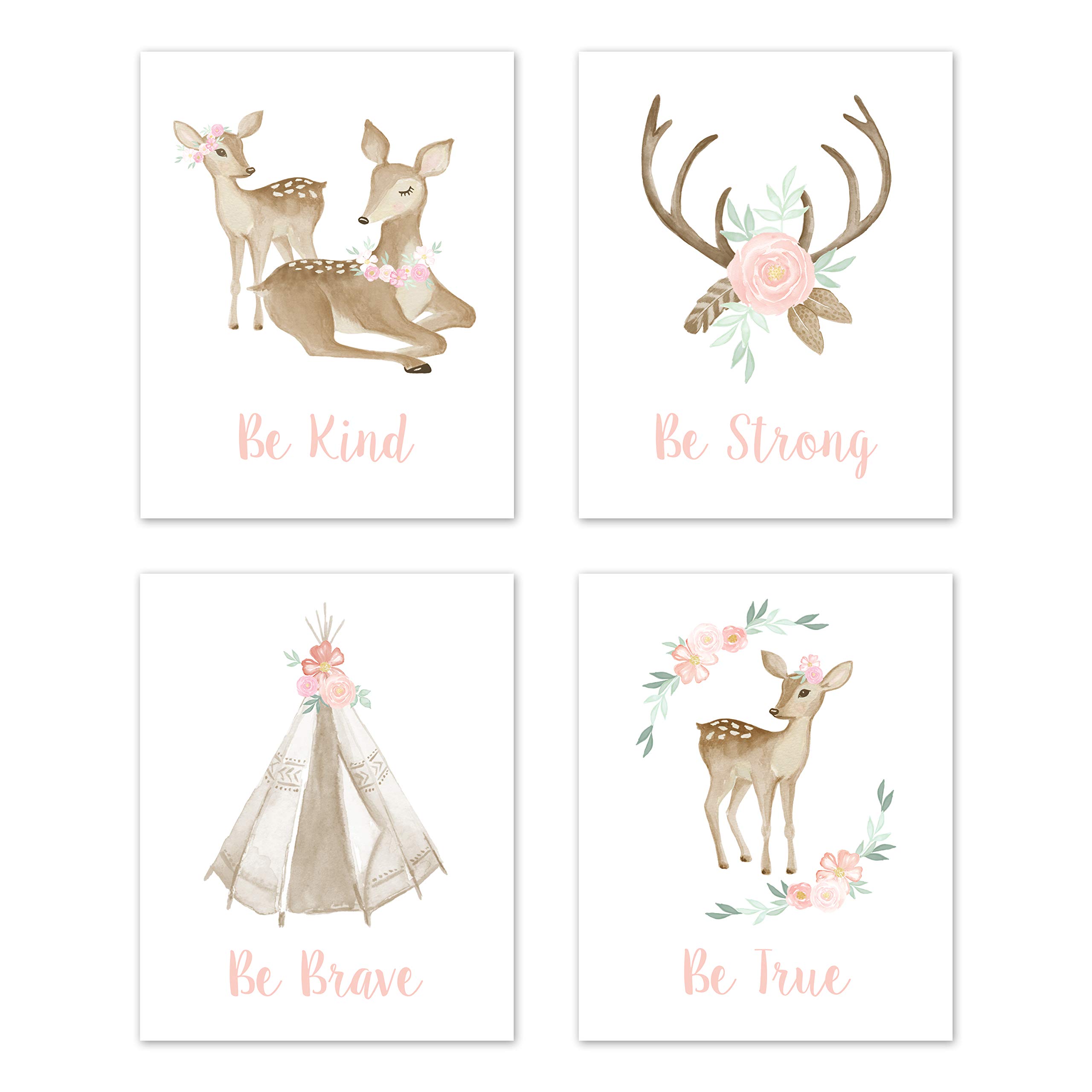 Sweet Jojo Designs Blush Pink and Mint Wall Art Prints Room Decor for Baby, Nursery, and Kids for Boho Woodland Deer Floral Collection - Set of 4 - Be Kind, Be Strong, Be Brave, Be True