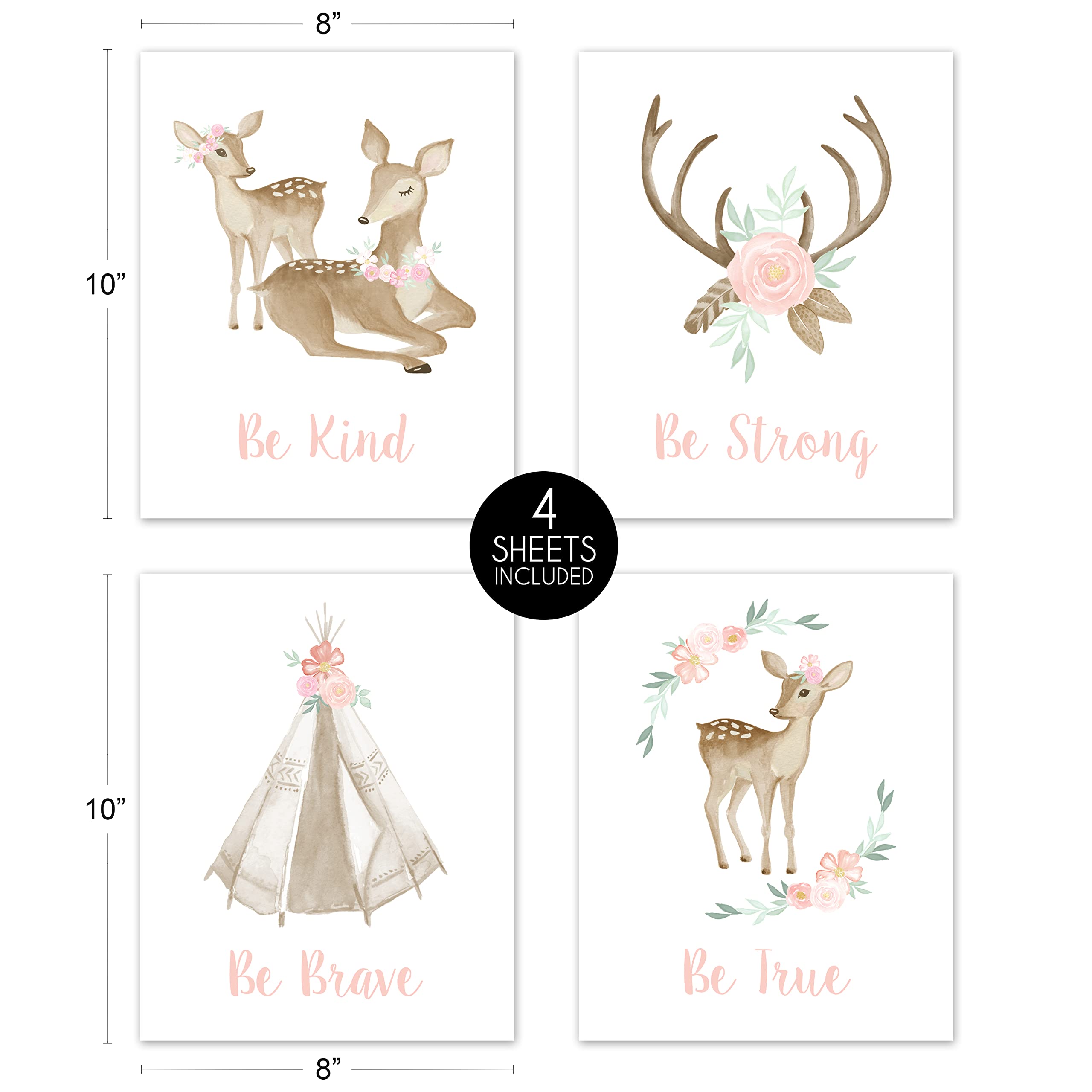 Sweet Jojo Designs Blush Pink and Mint Wall Art Prints Room Decor for Baby, Nursery, and Kids for Boho Woodland Deer Floral Collection - Set of 4 - Be Kind, Be Strong, Be Brave, Be True