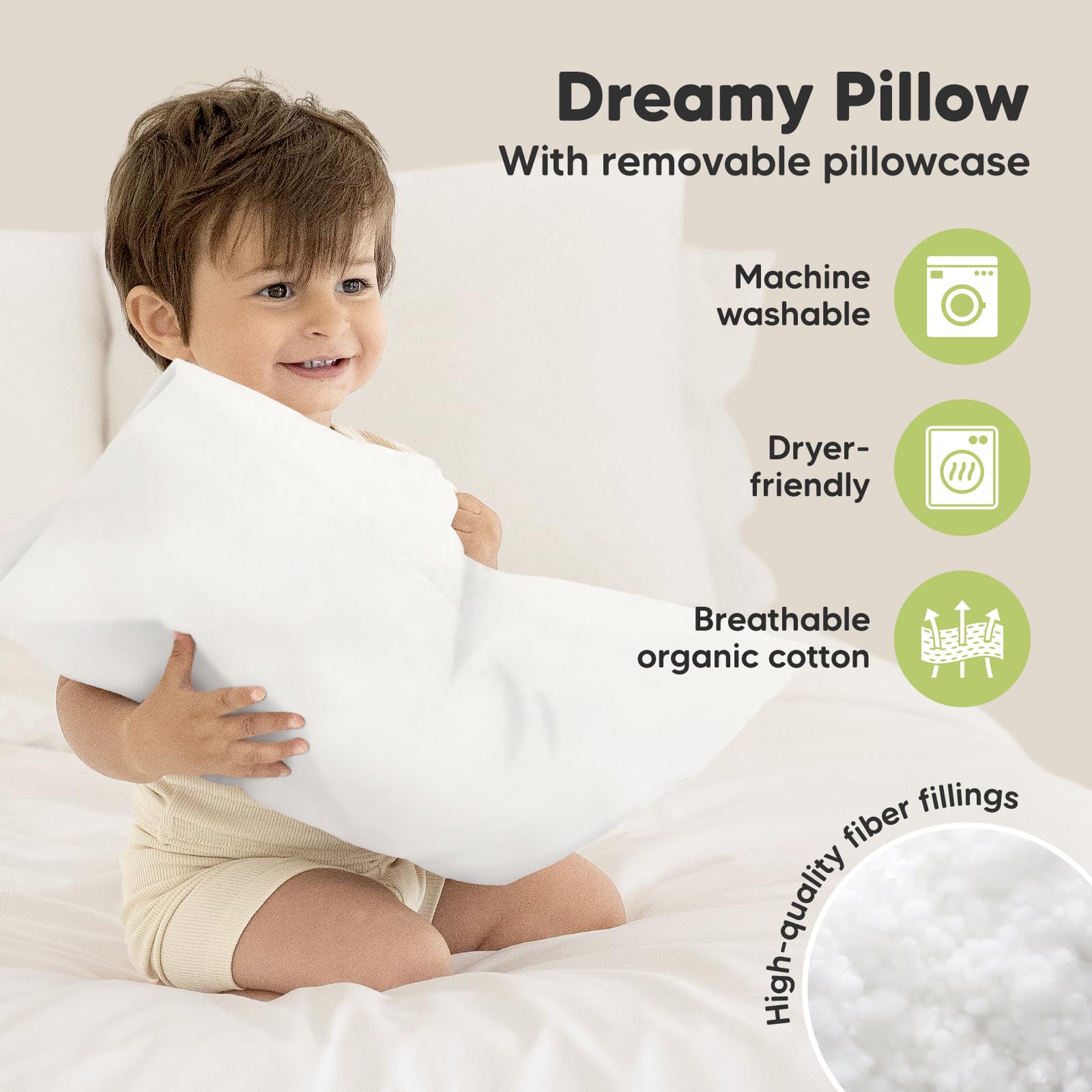 Toddler Pillow with Pillowcase - 13x18 My Little Dreamy Pillow, Organic Cotton Toddler Pillows for Sleeping, Kids Pillow, Travel Pillows, Mini Pillow, Nursery Pillow, Toddler Bed Pillow (Soft White)