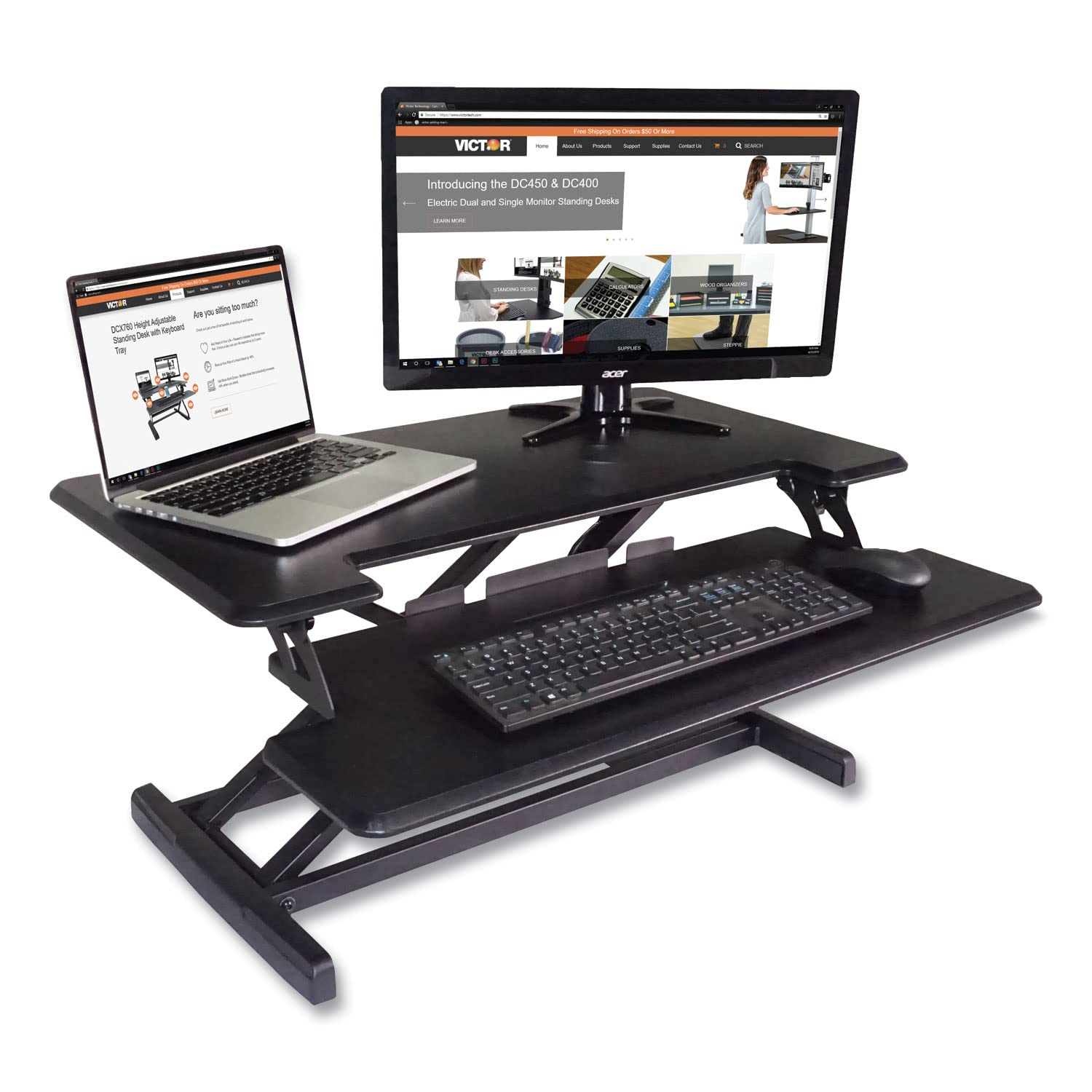 Victor DCX610 Height Adjustable Compact Standing Desk| Black| 33” Wide Sit-Stand Dual Monitor Desk and Laptop Riser Workstation| Compatible with Most Monitor Arms