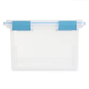 Sterilite 32 Quart Stackable Clear Plastic Storage Tote Container with Blue Gasket Latching Lid for Home and Office Organization, Clear (24 Pack)