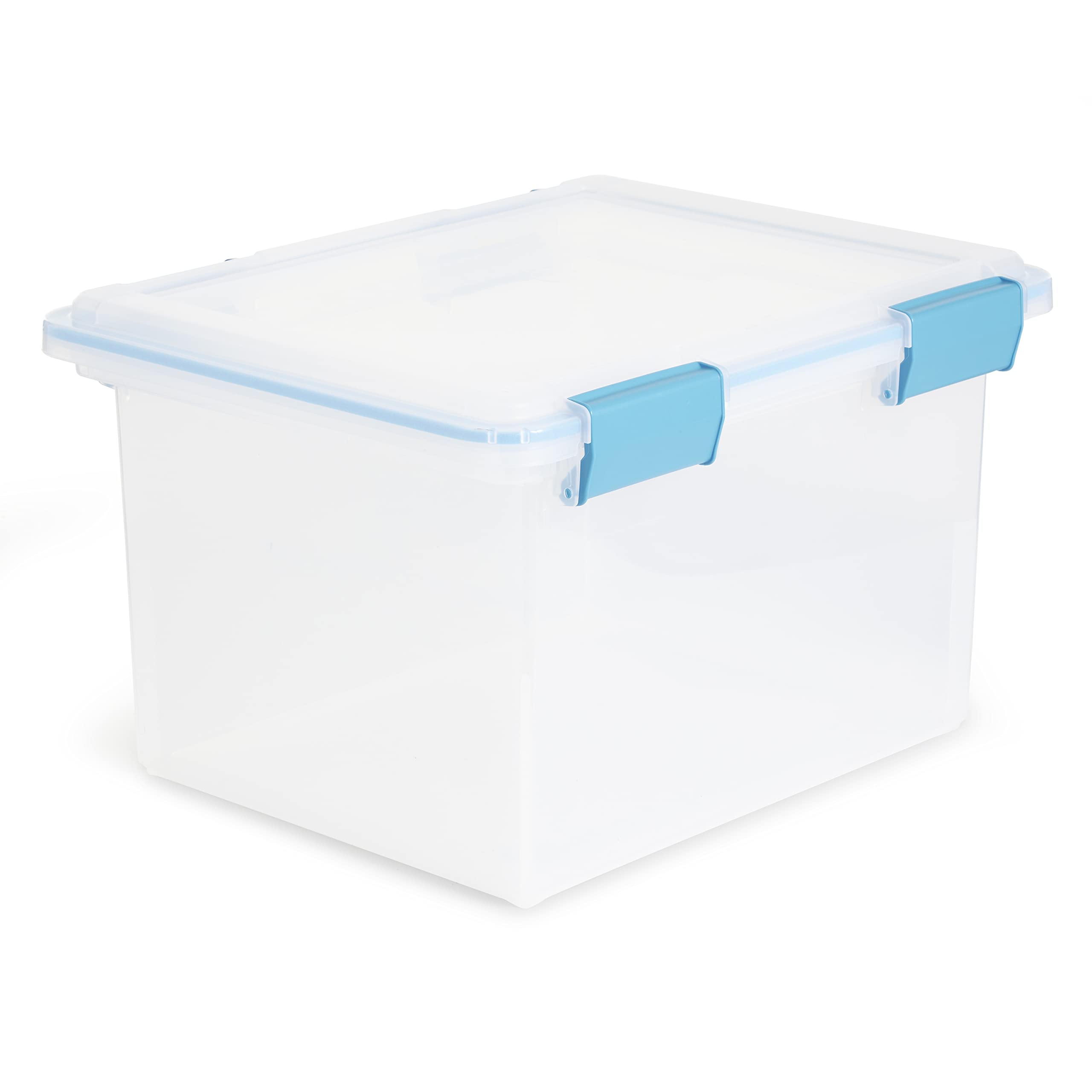 Sterilite 32 Quart Stackable Clear Plastic Storage Tote Container with Blue Gasket Latching Lid for Home and Office Organization, Clear (24 Pack)