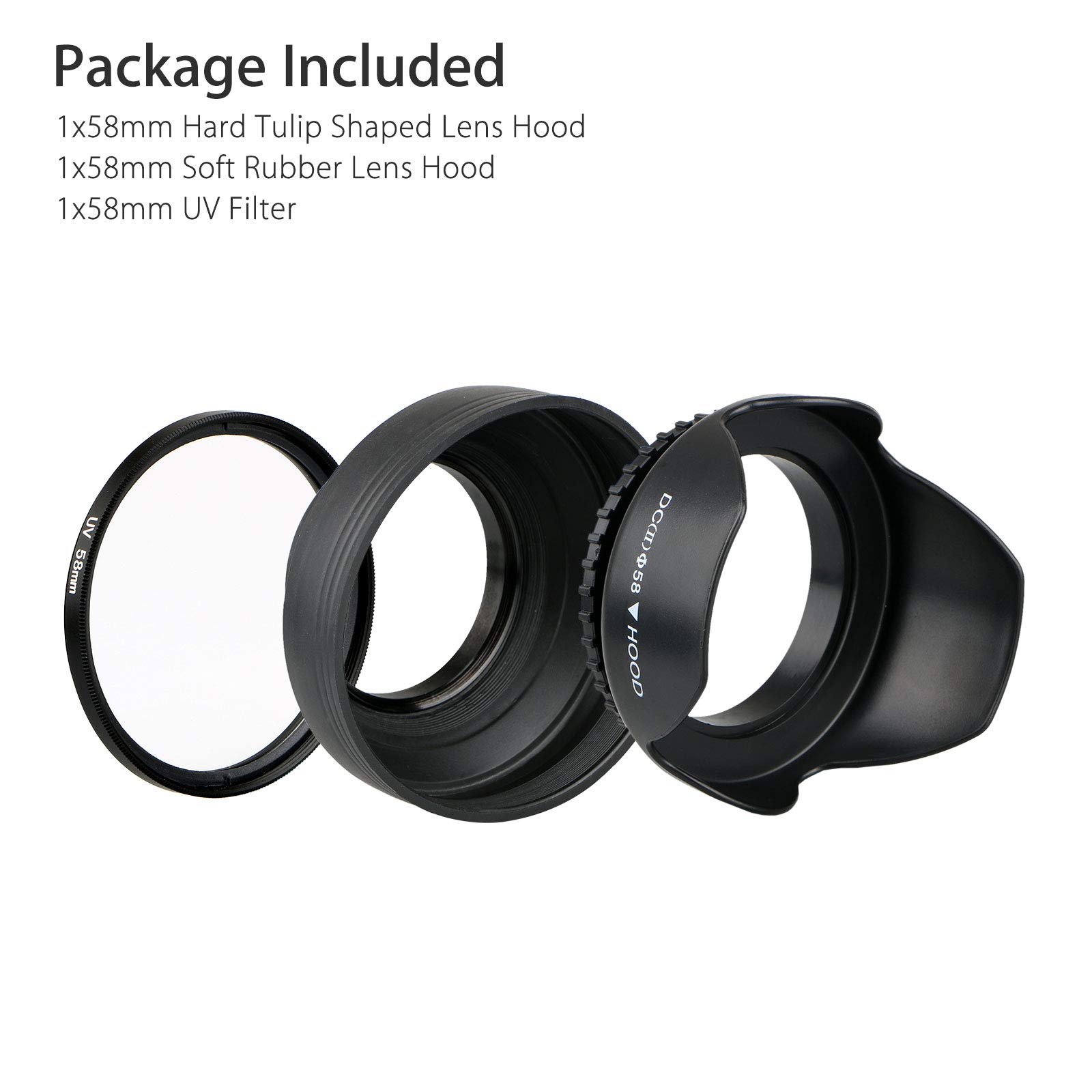 EEEkit 58mm Hard Lens Hood + 58mm Soft Lens Hood + 58mm UV Filter Lens Kit for Canon Rebel T7i T6S T6i T6 T5i T5 T4i T3i T3 T2i T1i XT XTi XSi SL1