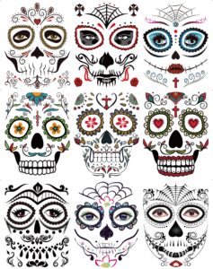 dalin 9 sheets floral day of the dead sugar skull temporary face tattoos for halloween