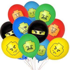 Party Ninja 24 Pack of Colorful 12-inch Birthday Balloons for Building Brick Theme Party - DOUBLE SIDED PRINTS - Character Faces - Happy Birthday Balloons for Boys & Girls Party Supplies…