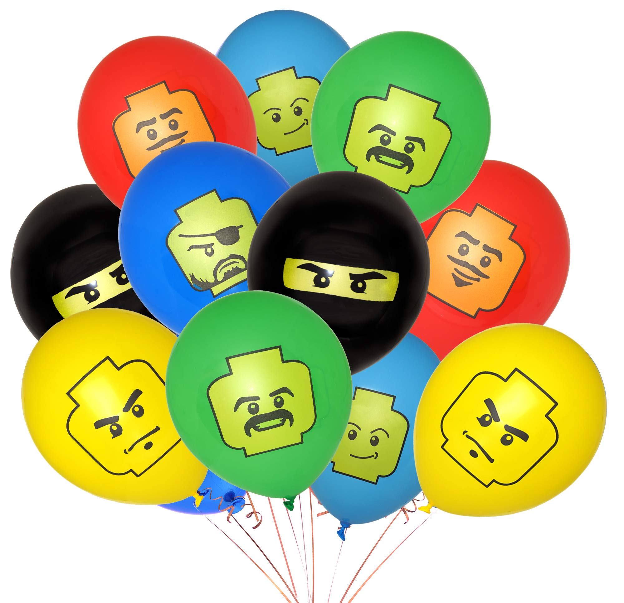 Party Ninja 24 Pack of Colorful 12-inch Birthday Balloons for Building Brick Theme Party - DOUBLE SIDED PRINTS - Character Faces - Happy Birthday Balloons for Boys & Girls Party Supplies…