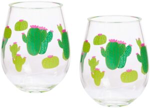 x&o paper goods green cactus plastic stemless wine glasses, 2pc, 12 oz., 3.5'' w x 4.5'' h