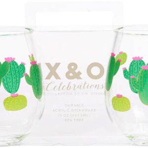 X&O Paper Goods Green Cactus Plastic Stemless Wine Glasses, 2pc, 12 oz., 3.5'' W x 4.5'' H