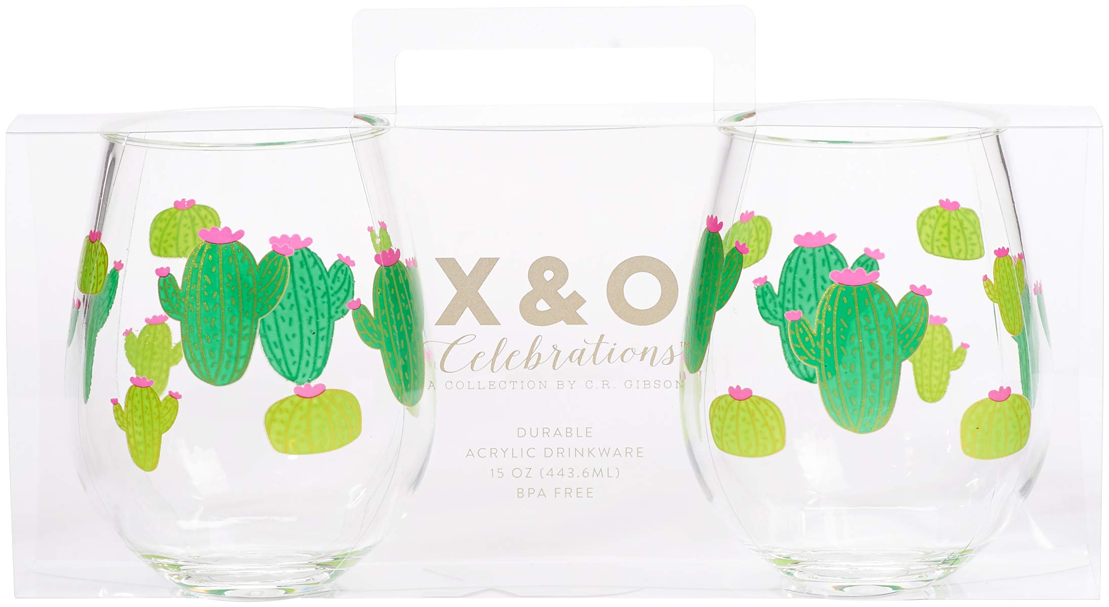 X&O Paper Goods Green Cactus Plastic Stemless Wine Glasses, 2pc, 12 oz., 3.5'' W x 4.5'' H