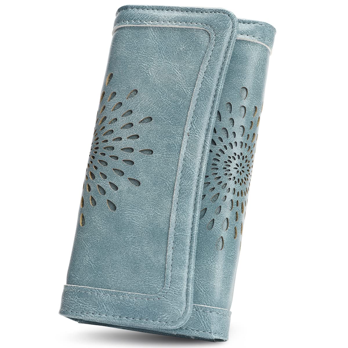 APHISON Womens Wallets RFID Blocking PU Leather Clutch Long Wallet for Women Card Holder Phone Organizer Ladies Travel Purse Hollow Out Sunflower Design Gift Box 2214BLUE