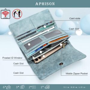 APHISON Womens Wallets RFID Blocking PU Leather Clutch Long Wallet for Women Card Holder Phone Organizer Ladies Travel Purse Hollow Out Sunflower Design Gift Box 2214BLUE