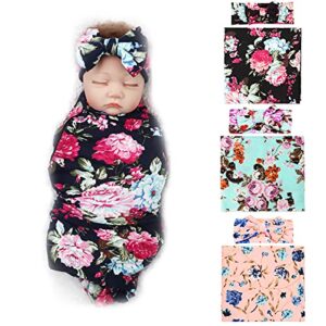 dreshow bqubo newborn floral receiving blankets 3 sets newborn baby swaddling with bow headbands sleepsack toddler warm