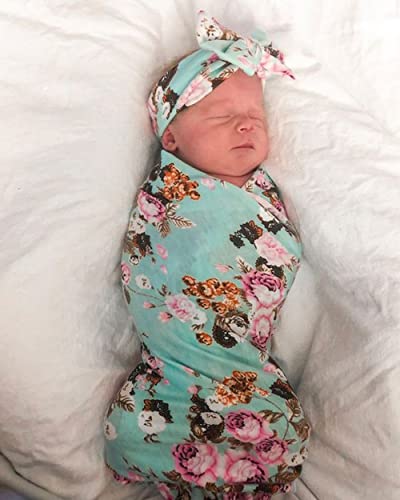 DRESHOW BQUBO Newborn Floral Receiving Blankets 3 Sets Newborn Baby Swaddling with Bow Headbands Sleepsack Toddler Warm