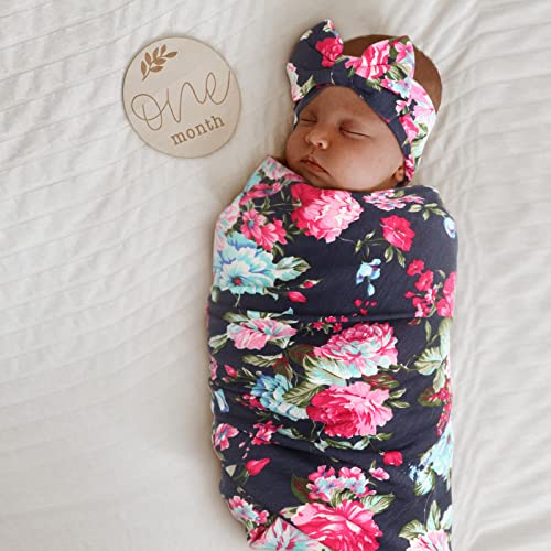 DRESHOW BQUBO Newborn Floral Receiving Blankets 3 Sets Newborn Baby Swaddling with Bow Headbands Sleepsack Toddler Warm