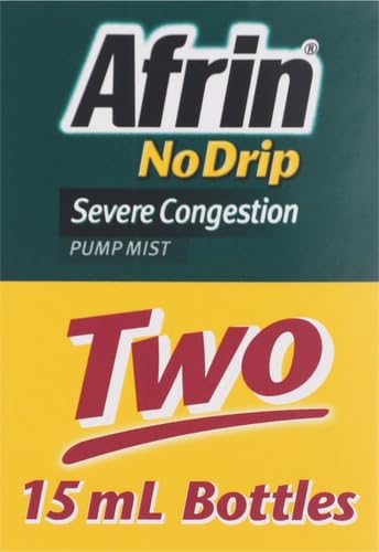 Afrin No Drip Severe Congestion Maximum Strength Nasal Spray - 12 Hour Nasal Spray Relief for Nose Congestion, Nasal Swelling, and Allergies - 2 x 0.5 Fl Oz Bottles - Pack of 1