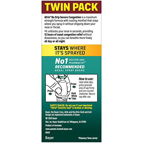 Afrin No Drip Severe Congestion Maximum Strength Nasal Spray - 12 Hour Nasal Spray Relief for Nose Congestion, Nasal Swelling, and Allergies - 2 x 0.5 Fl Oz Bottles - Pack of 1