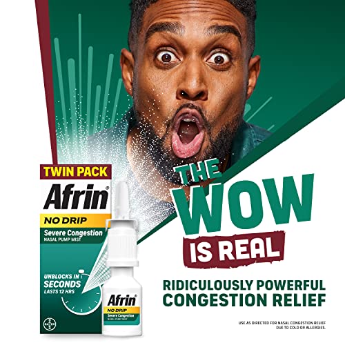 Afrin No Drip Severe Congestion Maximum Strength Nasal Spray - 12 Hour Nasal Spray Relief for Nose Congestion, Nasal Swelling, and Allergies - 2 x 0.5 Fl Oz Bottles - Pack of 1