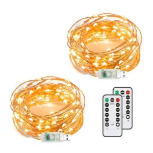 chalpr usb fairy string lights, 2 pack 50 led 16.4ft led string lights, warm white firefly usb plug in starry lights with remote,waterproof copper wire decorative fairy lights for valentine's day