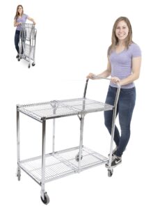 stand steady original tubstr collapsible 2 shelf wire cart, easy to push heavy duty rolling utility cart, holds 200 pounds & folds up for storage, commercial grade (chrome, 33.75in x 19.5in x 39.5in)