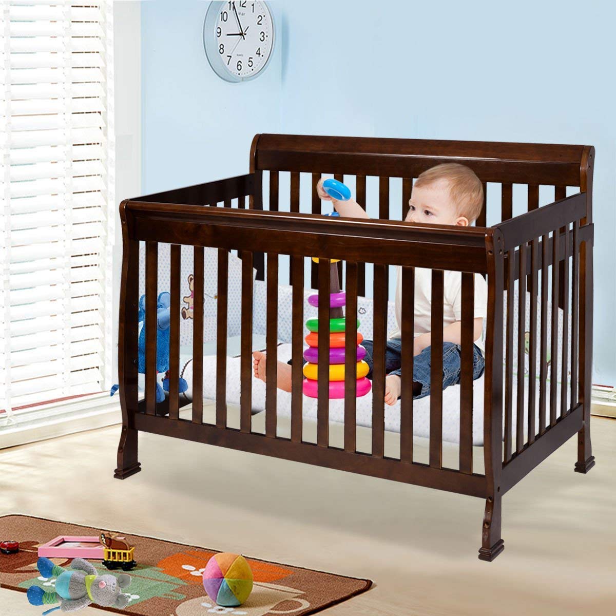 Costzon Baby Convertible Crib, Solid Wood Construction Toddler Nursery Bed (Dark Chocolate) , 53.5"(L) X 32"(W) X 41"(H)