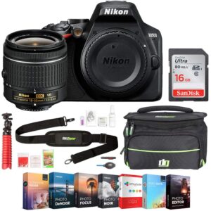 nikon d3500 24.2mp dslr camera with af-p dx nikkor 18-55mm f/3.5-5.6g vr lens bundle with 16gb memory card, photo and video professional editing suite and camera bag for dslr cameras