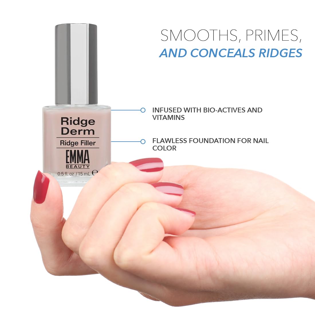 EMMA Beauty Ridge Derm, Nail Ridge Filler and Primer, 12+ Free Formula, 100% Vegan & Cruelty-Free, 0.5 fl. oz.