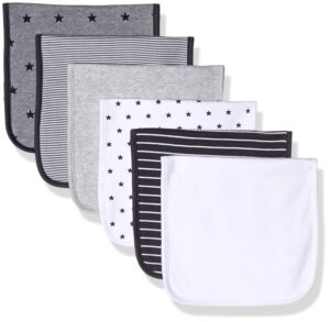 amazon essentials unisex kids' burp cloths, pack of 6, black stripe/grey stars/white, one size