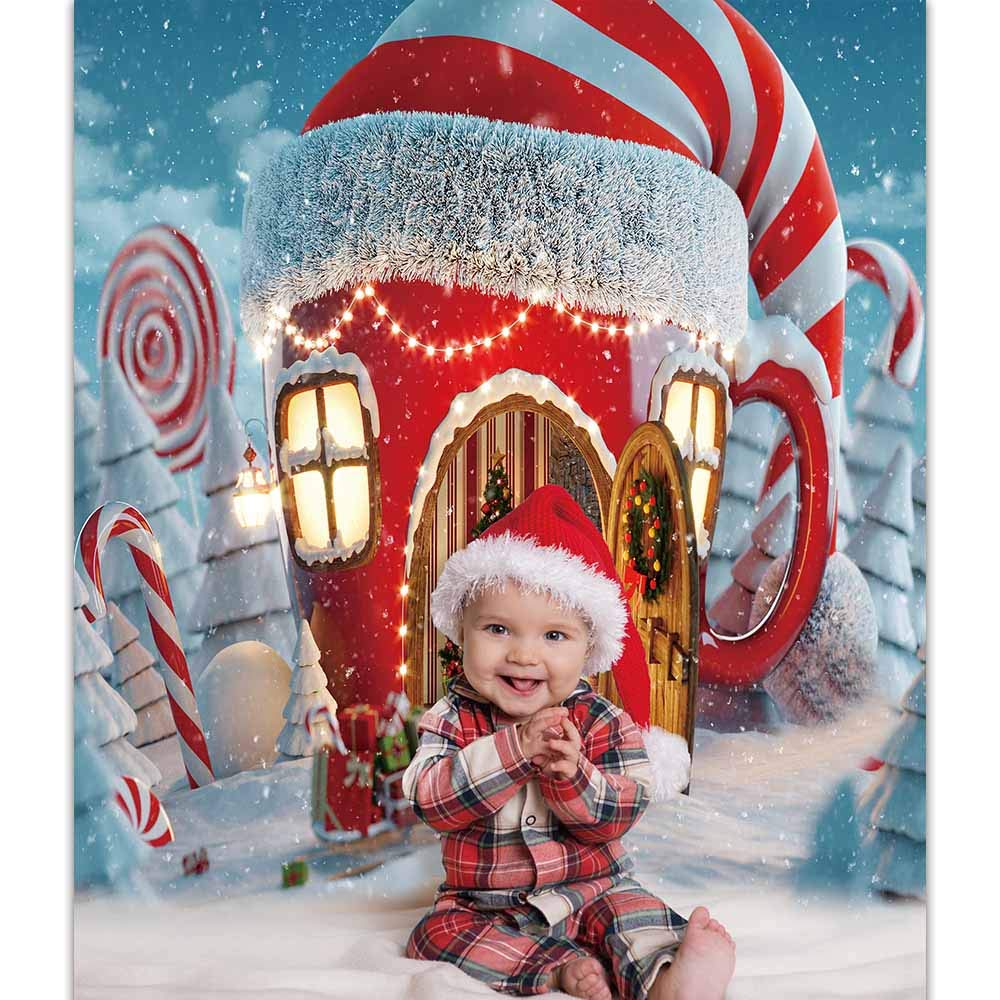 Funnytree 5x7ft Vinyl Christmas Candy Cup House Photography Backdrop Snow Pine Tree Red and White Stripes Background Children Newborn Baby Portrait Photo Studio Photobooth Props