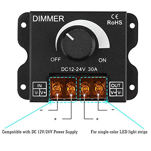 SUPERNIGHT LED Light Strip Dimmer, DC12V-24V 30A PWM Dimming Controller for Dimmer Knob Adjust Brightness ON/Off Switch with Aluminum Housing (Aluminum Dimmer)