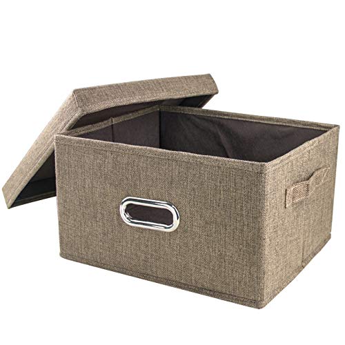 Burlap Fabric Storage Box Basket Container with Lids, Clothes Closet Organizer for Home, Office, Storeroom, Nursery, Bedroom, Living Room, Playroom, Wardrobe Shelf, Drawer, 13" x 9.4" x 7", Brown