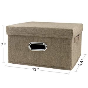 Burlap Fabric Storage Box Basket Container with Lids, Clothes Closet Organizer for Home, Office, Storeroom, Nursery, Bedroom, Living Room, Playroom, Wardrobe Shelf, Drawer, 13" x 9.4" x 7", Brown