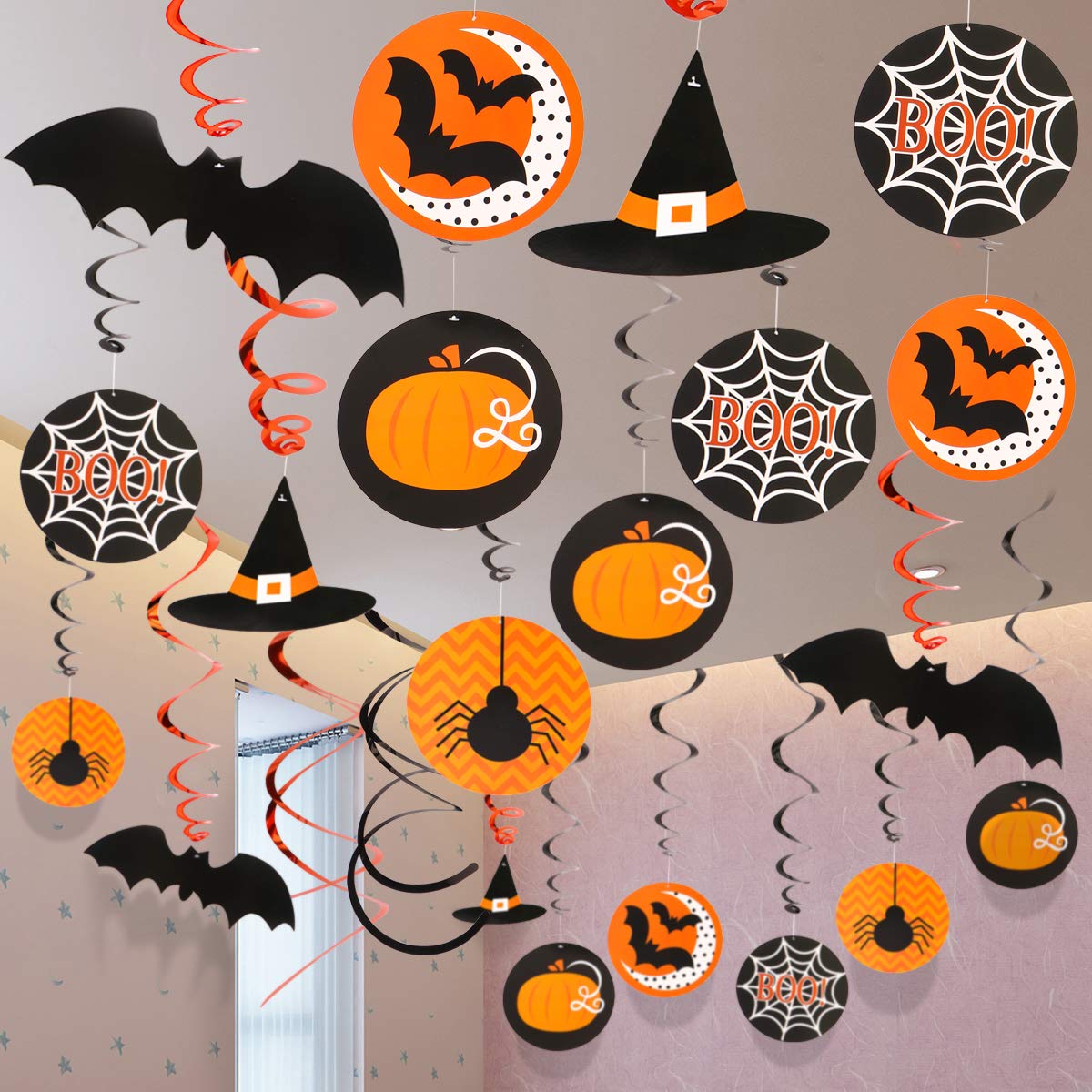 30 Pieces Halloween Hanging Swirl Party Decorations,Witches and Bats Ceiling Hanging Party Favor Indoor Decoration for Kids