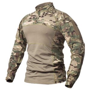 carwornic men's tactical combat shirt long sleeve military camouflage t shirt lightweight elastic cotton outdoor camo army shirts with 1/4 zip