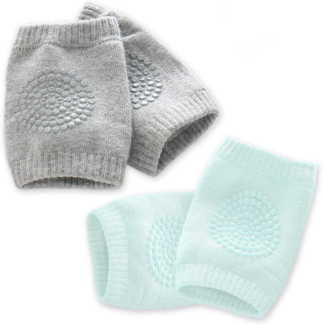 Kalevel Baby Knee Pads for Crawling Boys Girl Baby Knee Protector Pad Anti Slip Crawling Knee Sleeve Cotton Knee Elbow Pads for Babies 0-3 Years (2 Pairs, Green + Light Grey)