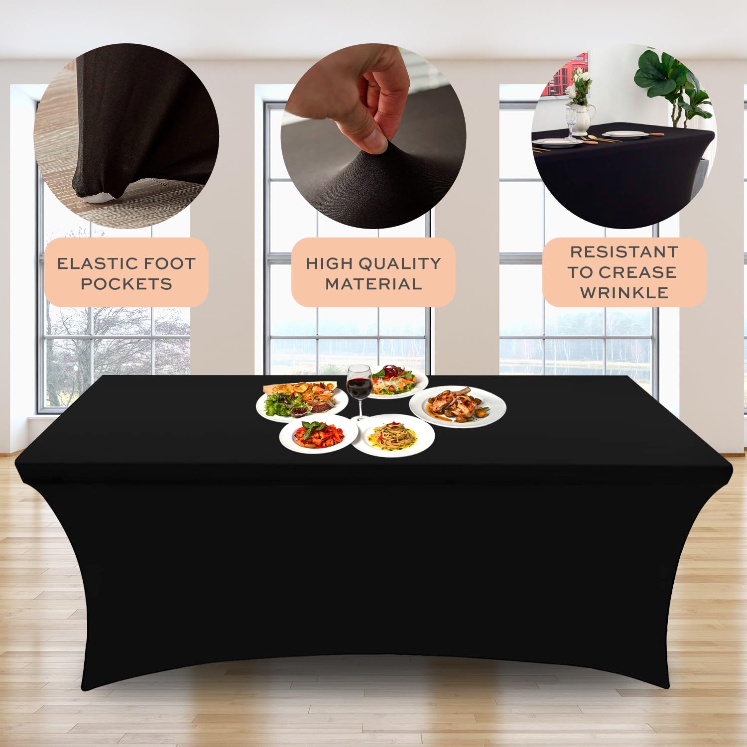 Stretch Spandex Table Covers 6FT, Pack of 2 Fitted Tablecloths for Rectangle Tables, Stretchy Wrinkle Resistant Folding Table Cover, Black