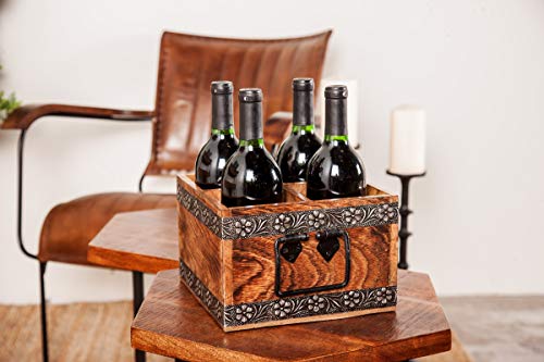 Deco 79 Rustic Wood and Metal Four-Bottle Wine Rack 19"W x 6"H Gray, Black, Brown