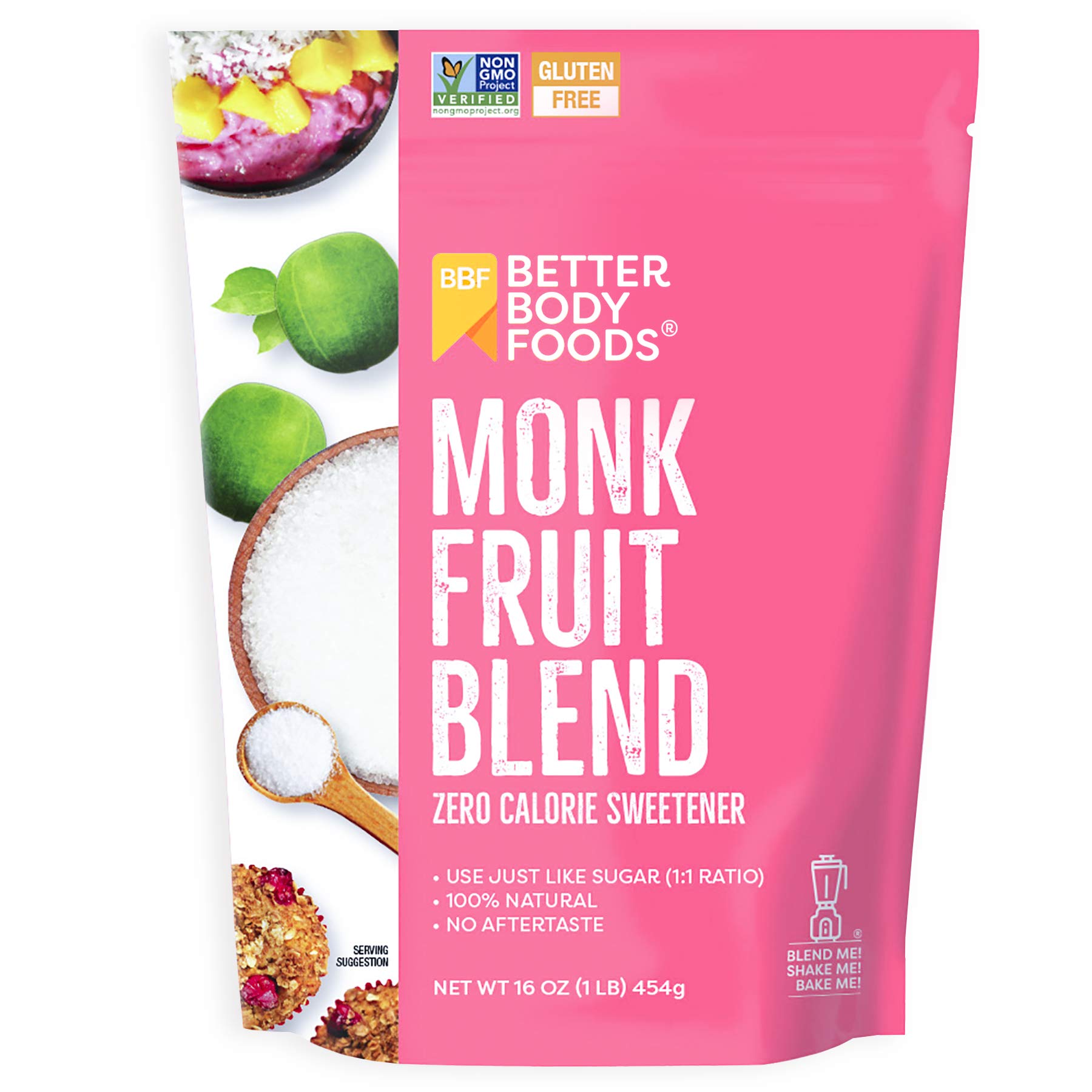 BetterBody Foods Monk Fruit Sweetener Blend, Raw Cane Sugar Substitute, Zero Calorie, Keto Diet Friendly, Zero Net Carbs, Zero Glycemic, Baking, Extract, Sugar Replacement, 1lb, 16 oz